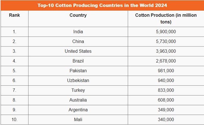 More than 90% global cotton produced by 10 countries